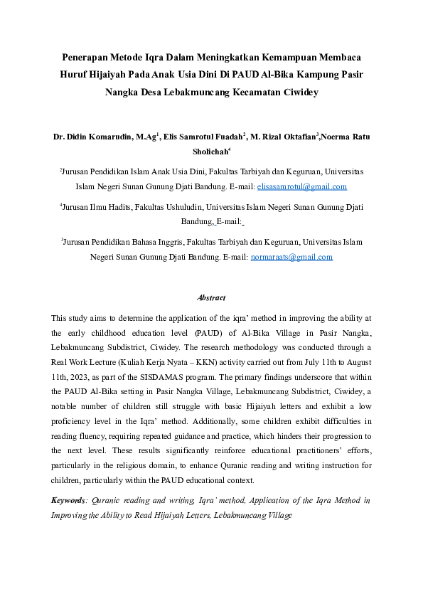 (DOC) Penerapan Metode Iqra Dalam Meningkatkan Kemampuan Membaca Huruf Hijaiyah Pada Anak Usia ...