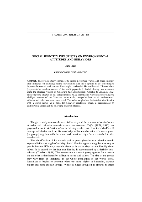 (PDF) Social Identity Influences on Environmental Attitudes and Behaviors