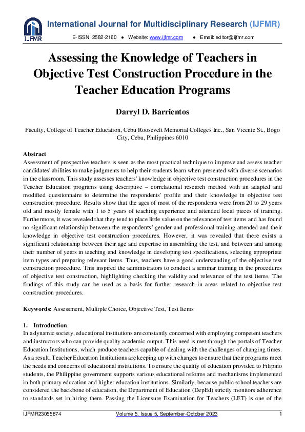 (PDF) Assessing the Knowledge of Teachers in Objective Test ...