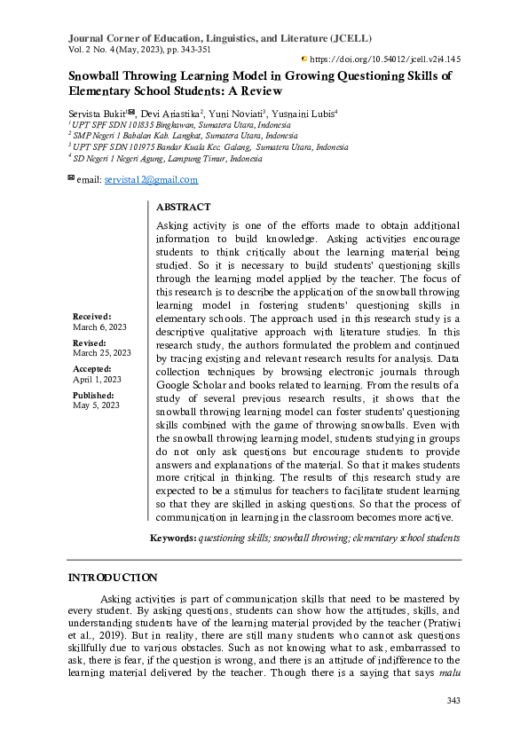 (PDF) Snowball Throwing Learning Model in Growing Questioning Skills of ...