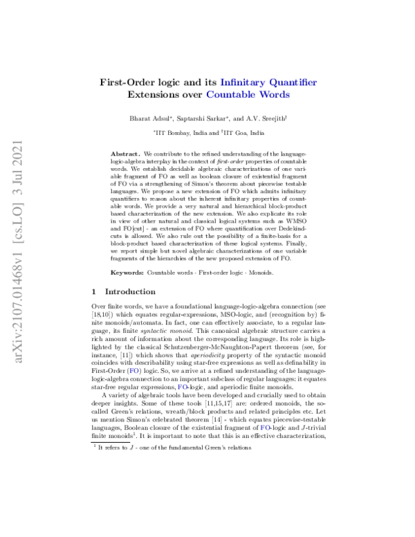 (PDF) First-Order Logic and Its Infinitary Quantifier Extensions over Countable Words