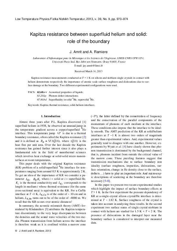 (PDF) Kapitza resistance between superfluid helium and solid: Role of the boundary