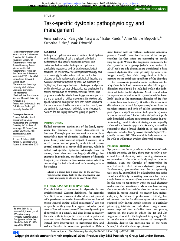 (PDF) Task-specific dystonia: pathophysiology and management | Anna Sadnicka - Academia.edu