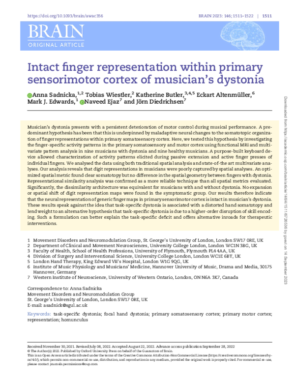 (PDF) Intact finger representation within primary sensorimotor cortex of Musician’s Dystonia