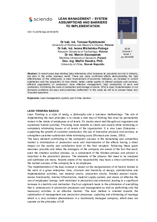 (PDF) Lean Management – System Assumptions and Barriers to Implementation | Tomasz Rydzkowski ...