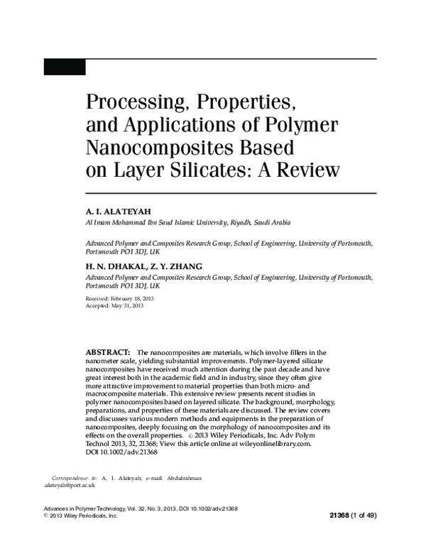 (PDF) Processing, Properties, and Applications of Polymer ...