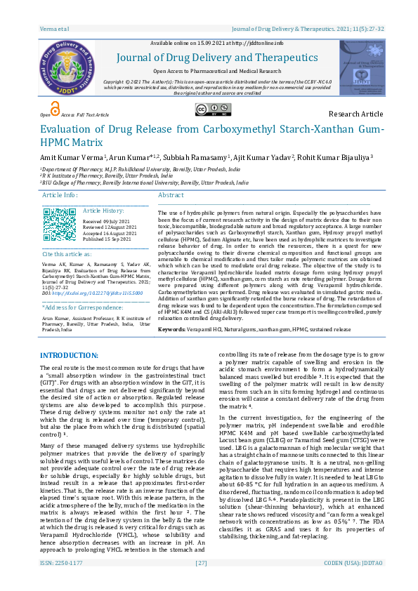 Pdf Evaluation Of Drug Release From Carboxymethyl Starch Xanthan Gum Hpmc Matrix