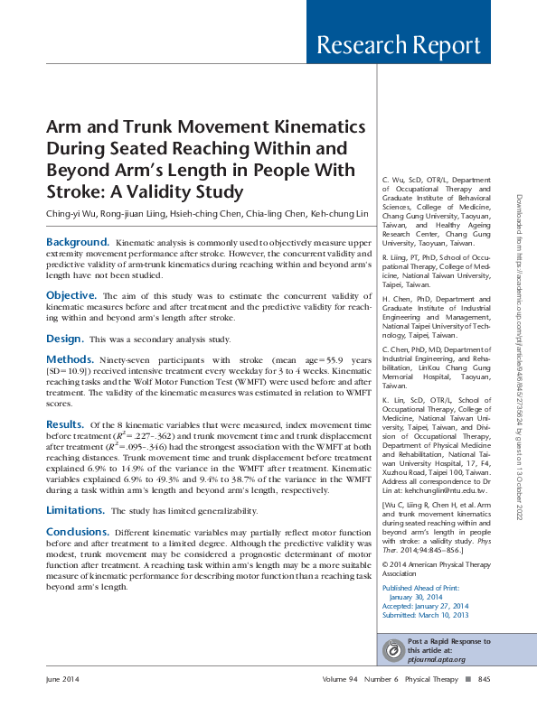 (PDF) Arm and Trunk Movement Kinematics During Seated Reaching Within ...