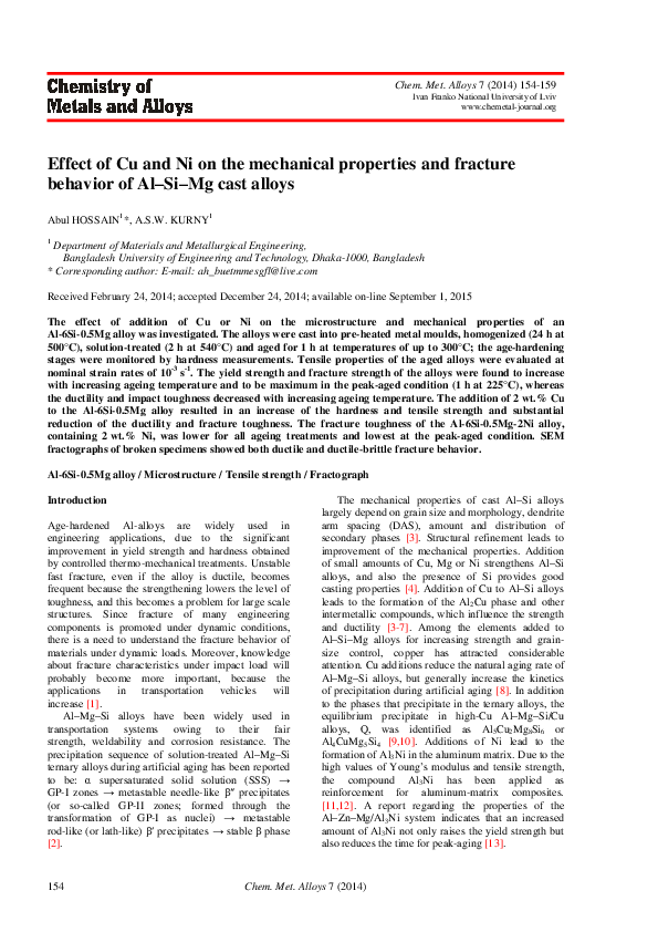 (PDF) Effect of Cu and Ni on the mechanical properties and fracture behavior of Al–Si–Mg cast alloys