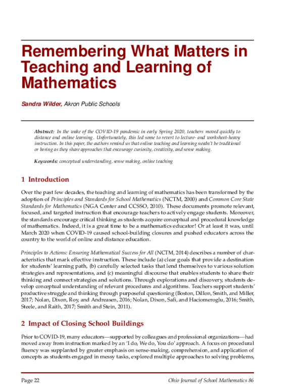 (PDF) Remembering What Matters in Teaching and Learning of Mathematics