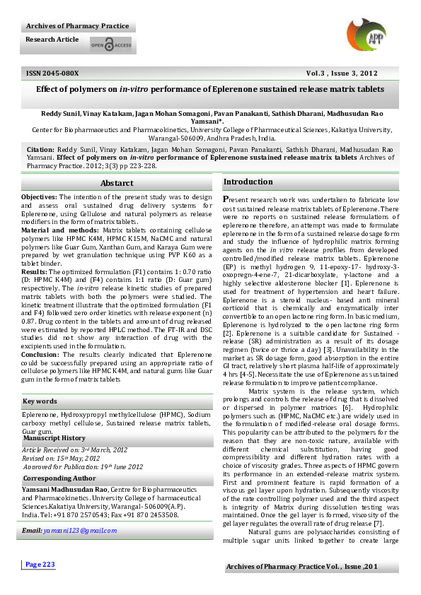 Pdf Effect Of Polymers On In Vitro Performance Of Eplerenone