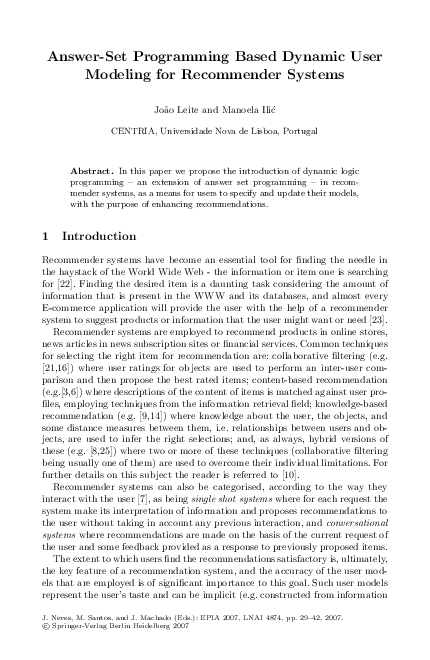 Pdf Answer Set Programming Based Dynamic User Modeling For Recommender Systems Manoela Ilic
