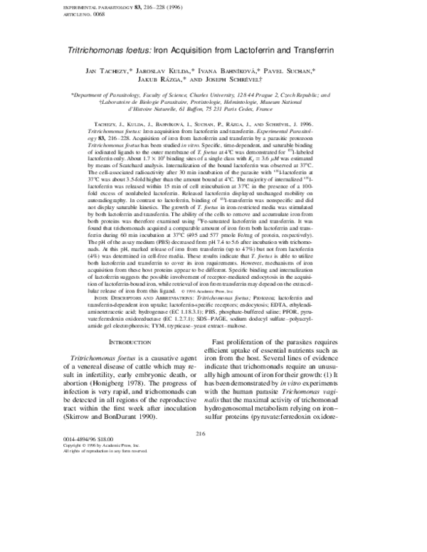 (PDF) Tritrichomonas foetus:Iron Acquisition from Lactoferrin and ...
