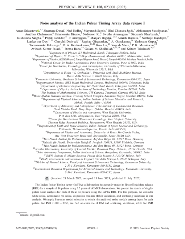 Pdf Noise Analysis Of The Indian Pulsar Timing Array Data Release I