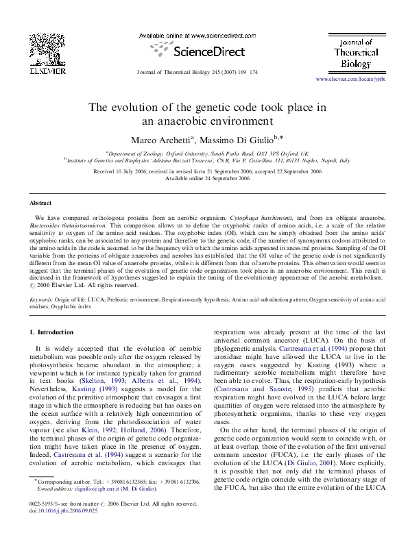 (PDF) The evolution of the genetic code took place in an anaerobic ...