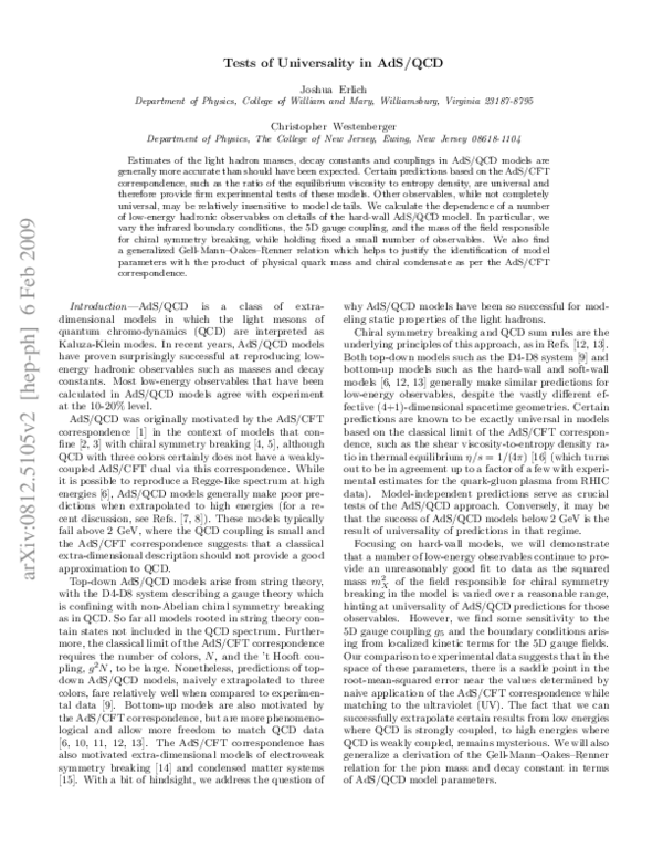 (PDF) Universal Predictions in AdS/QCD Models and Observables