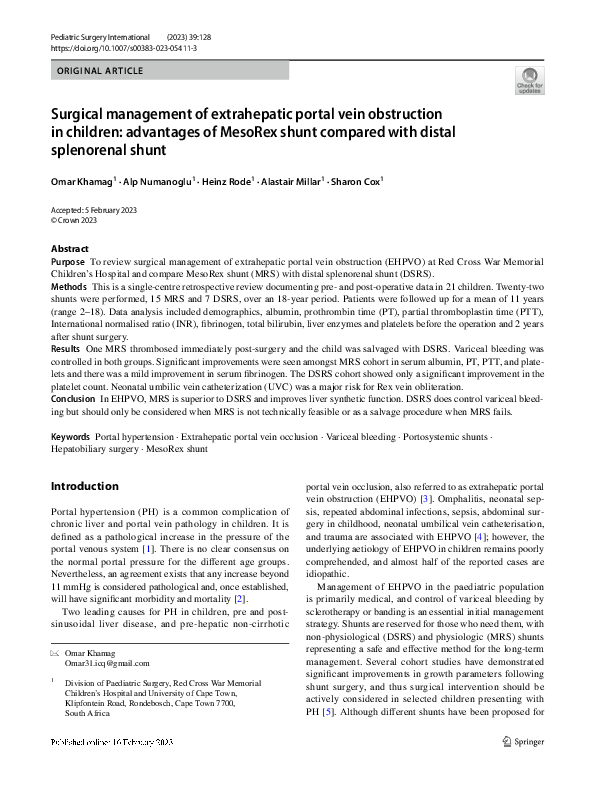(PDF) Surgical Management of Extrahepatic Portal Vein Obstruction in ...