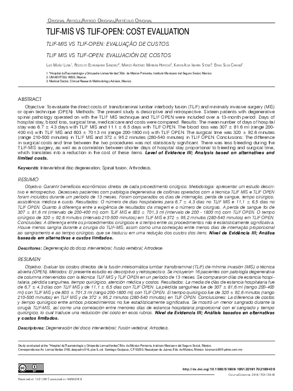 (PDF) Tlif-Mis vs Tlif-Open: Cost Evaluation