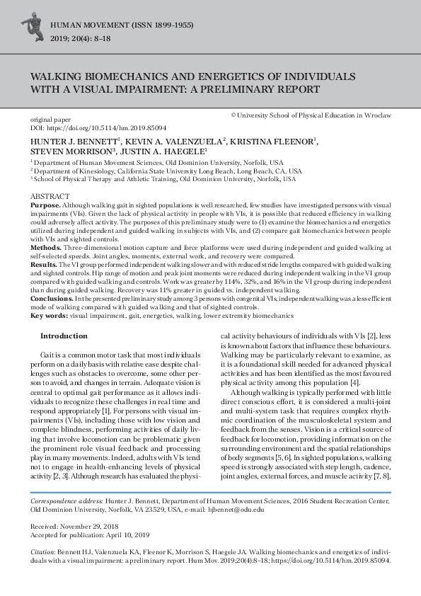 (PDF) Walking biomechanics and energetics of individuals with a visual ...