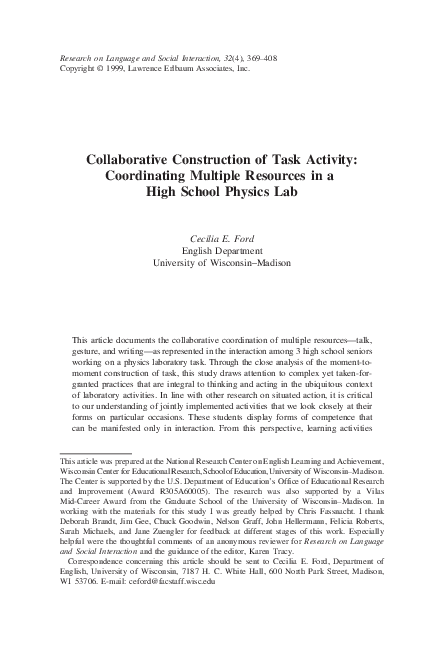 (PDF) Collaborative Construction of Task Activity: Coordinating ...
