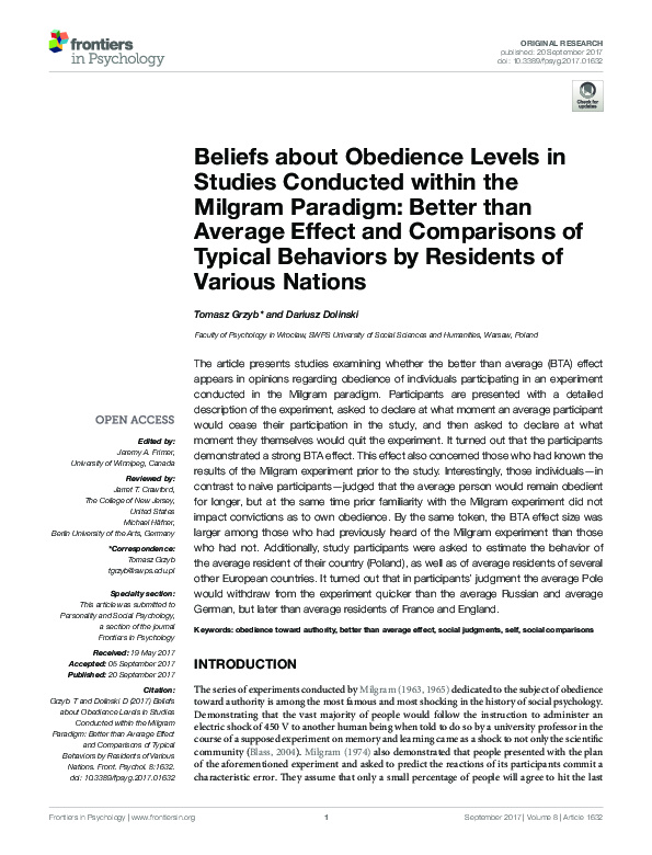 (PDF) Beliefs about Obedience Levels in Studies Conducted within the Milgram Paradigm: Better ...