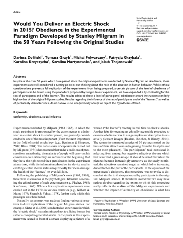 (PDF) Would You Deliver an Electric Shock in 2015? Obedience in the ...