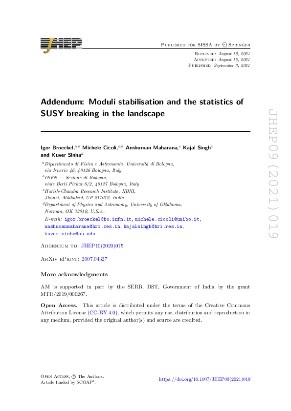 (PDF) Addendum to: Moduli stabilisation and the statistics of SUSY breaking in the landscape ...