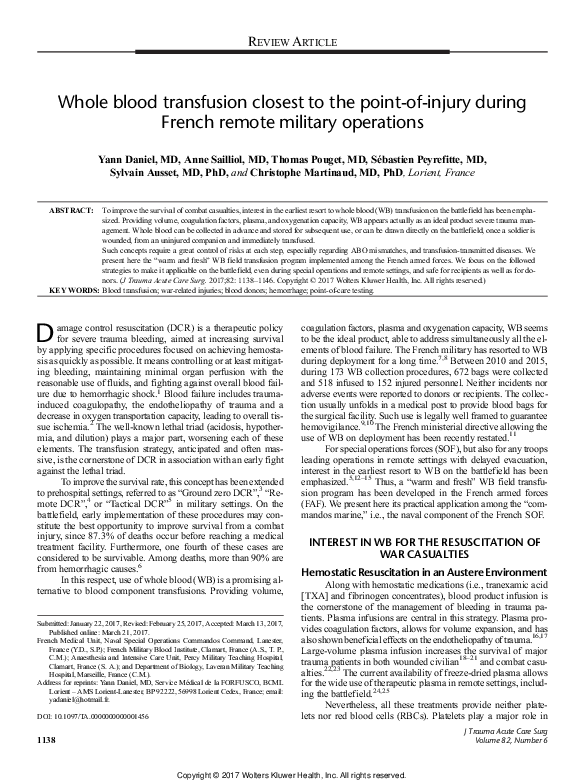 (PDF) Whole blood transfusion closest to the point-of-injury during ...