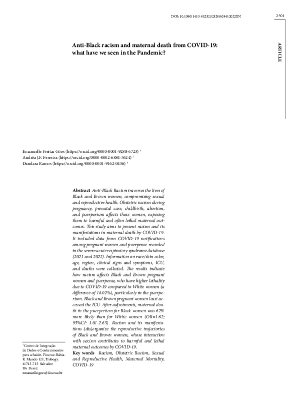(PDF) Anti-Black racism and maternal death from COVID-19: what have we ...