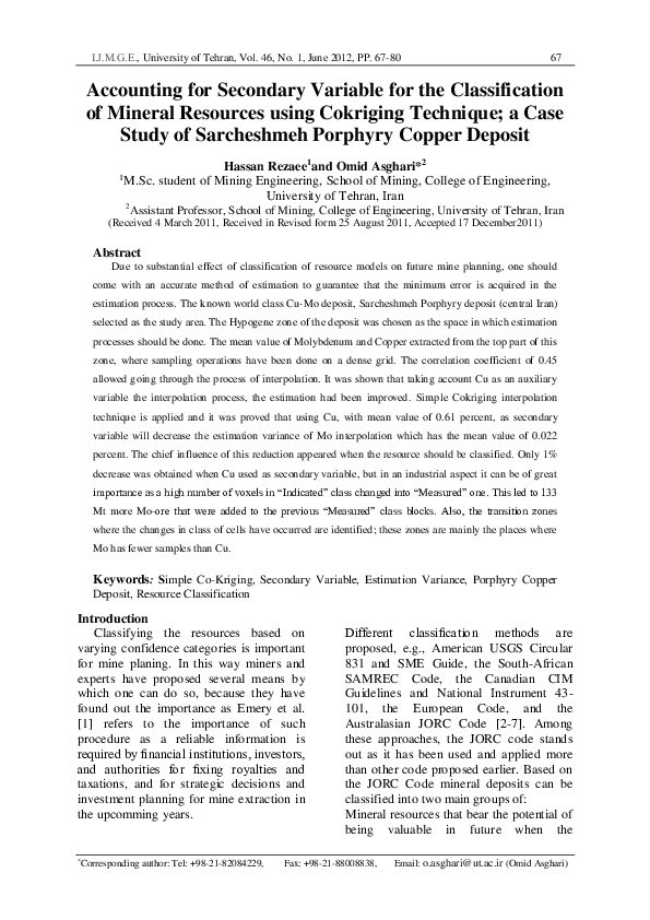 (PDF) Accounting for Secondary Variable for the Classification of Mineral Resources Using ...