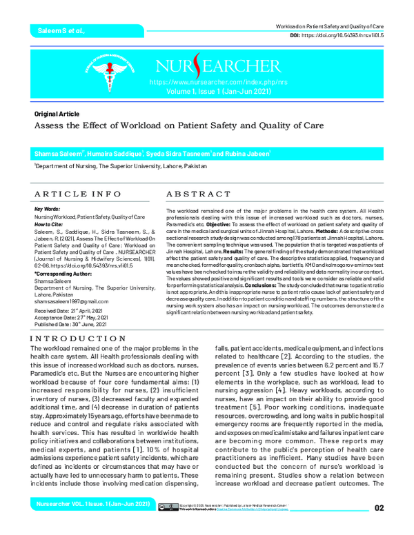 (PDF) Assess The Effect of Workload On Patient Safety and Quality of Care