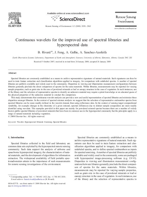 (PDF) Continuous wavelets for the improved use of spectral libraries and hyperspectral data