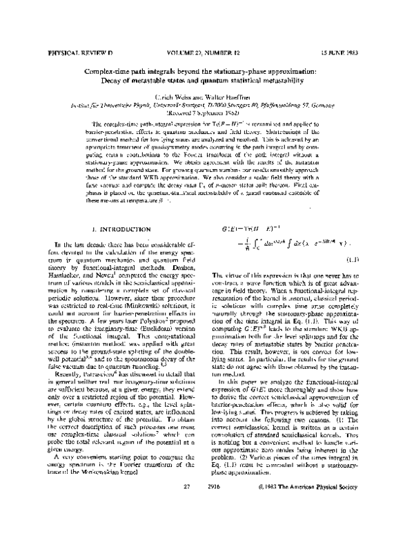 (PDF) Complex-time path integrals beyond the stationary-phase approximation: Decay of metastable ...