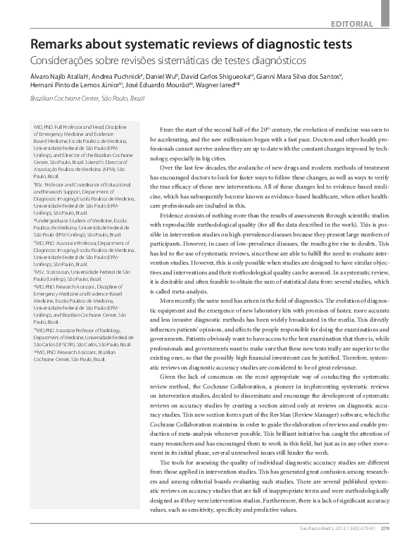 (PDF) Remarks about systematic reviews of diagnostic tests