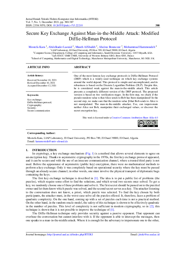 (PDF) Secure Key Exchange Against Man-in-the-Middle Attack: Modified Diffie-Hellman Protocol