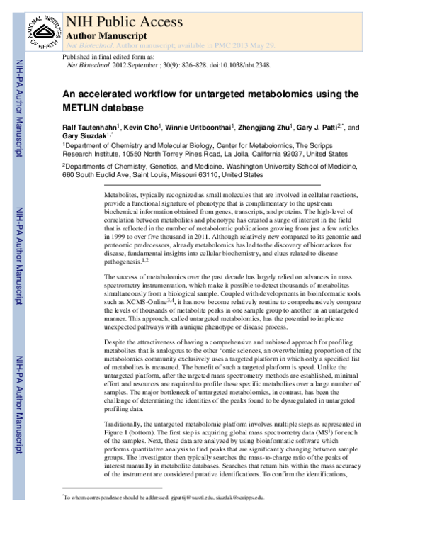 (PDF) An accelerated workflow for untargeted metabolomics using the METLIN database