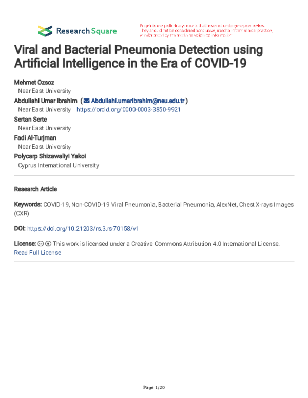(PDF) Viral and Bacterial Pneumonia Detection using Artificial ...