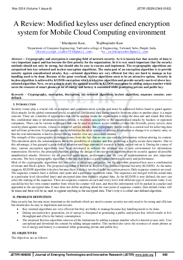 (PDF) Modified keyless user defined encryption system for Mobile Cloud ... (PDF) Modified keyless user defined encryption system for Mobile Cloud ...