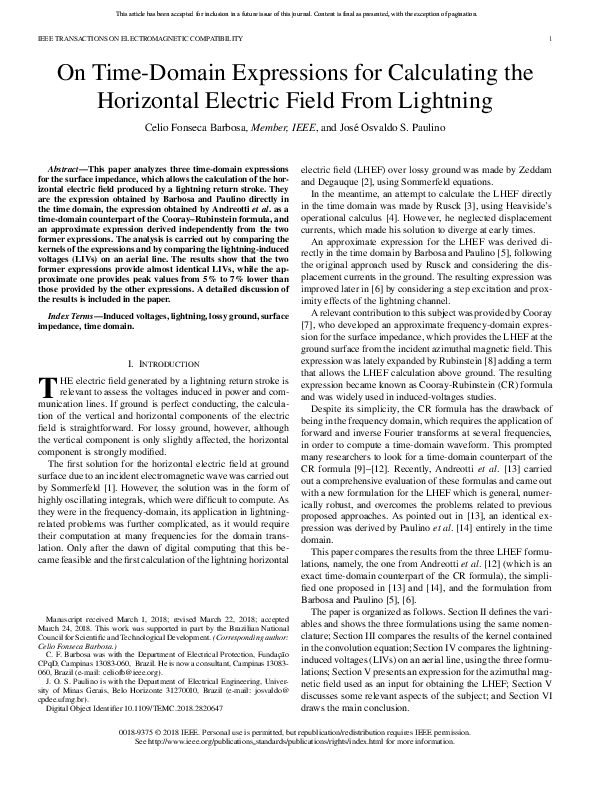 (PDF) On Time-Domain Expressions for Calculating the Horizontal Electric Field From Lightning