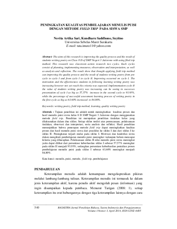 (PDF) Peningkatan Kualitas Pembelajaran Menulis Puisi Dengan Metode Field Trip Pada Siswa SMP