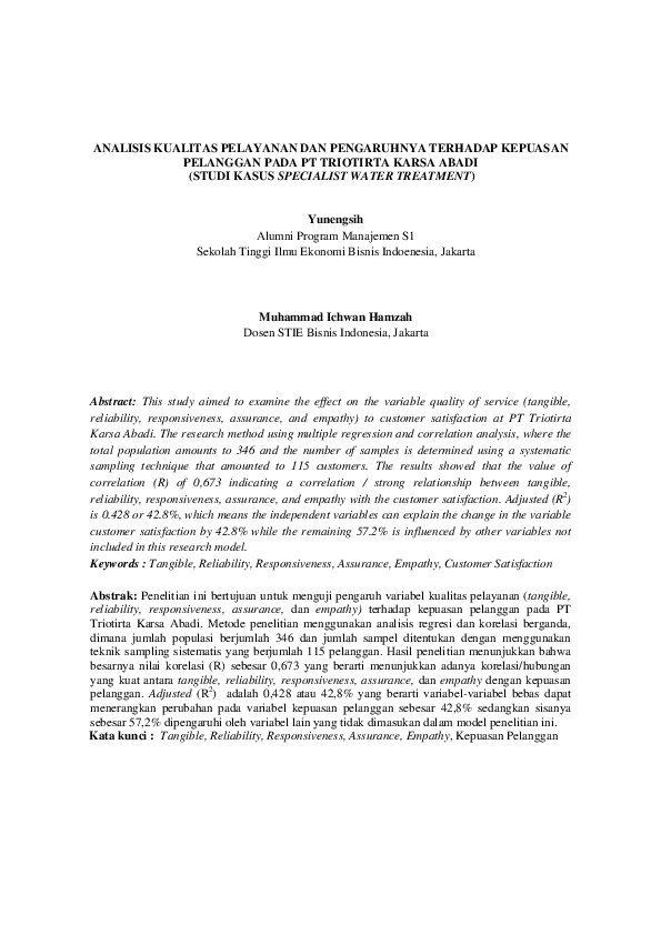 (PDF) Analisis Kualitas Pelayanan Dan Pengaruhnya Terhadap Kepuasan Pelanggan Pada PT Triotirta ...