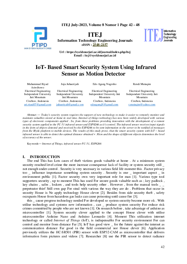 Pdf Iot Based Smart Security System Using Infrared Sensor As Motion Detector