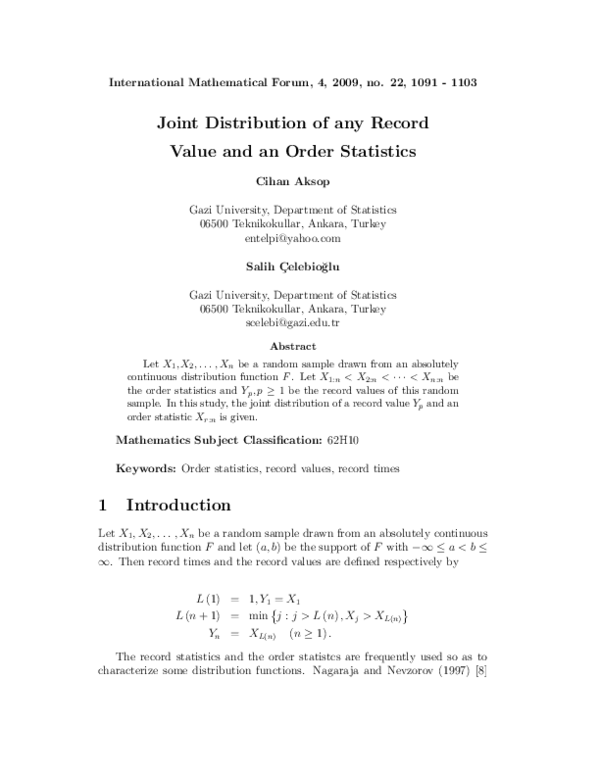(PDF) Joint Distribution of any Record Value and an Order Statistics