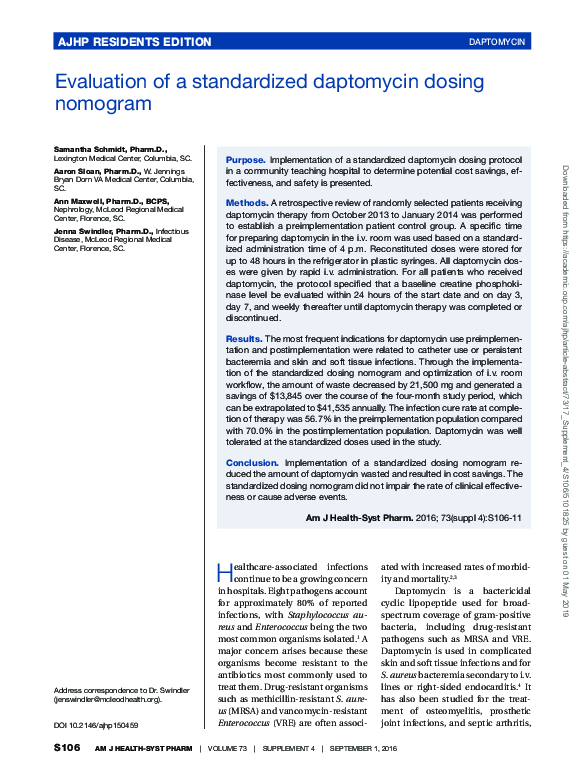 (PDF) Evaluation of a standardized daptomycin dosing nomogram
