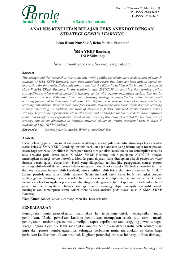 (PDF) Analisis Kesulitan Belajar Teks Anekdot Dengan Strategi Genius Learning