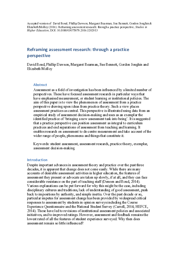 (PDF) Reframing assessment research: through a practice perspective