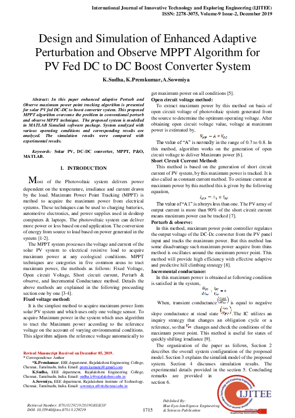 Pdf Design And Simulation Of Enhanced Adaptive Perturbation And Observe Mppt Algorithm For Pv