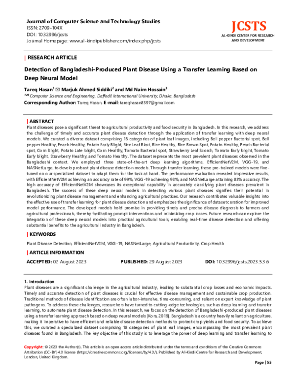 (PDF) Detection of Bangladeshi-Produced Plant Disease Using a Transfer Learning Based on Deep ...
