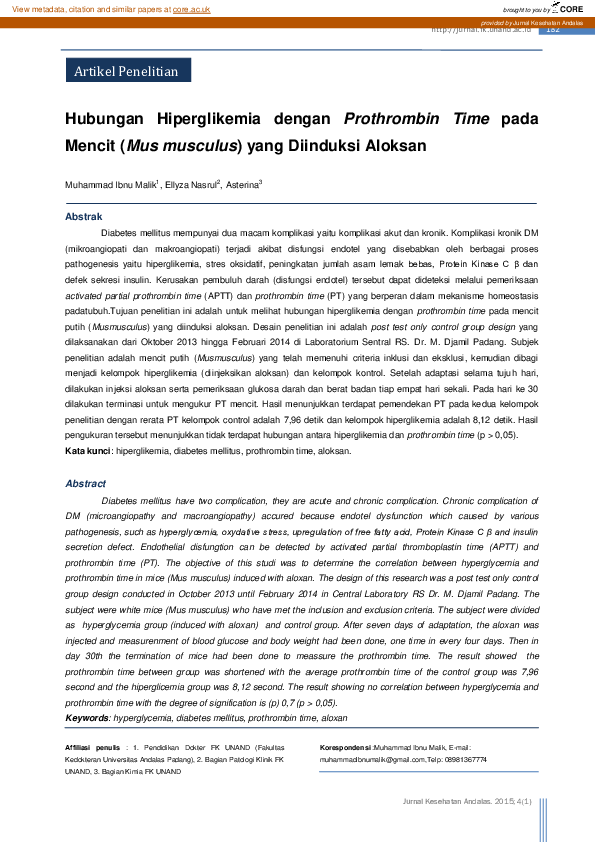 (PDF) Hubungan Hiperglikemia dengan Prothrombin Time pada Mencit (Mus ...