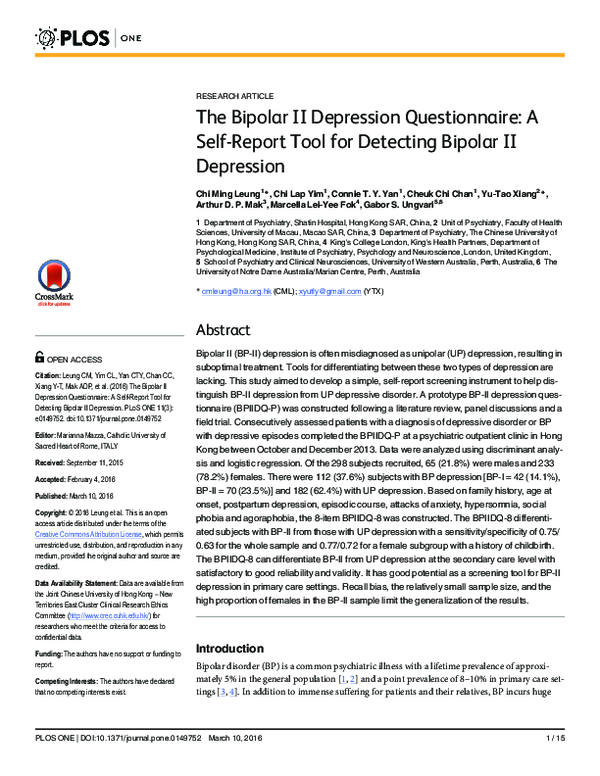 (PDF) The Bipolar II Depression Questionnaire: A Self-Report Tool for ...